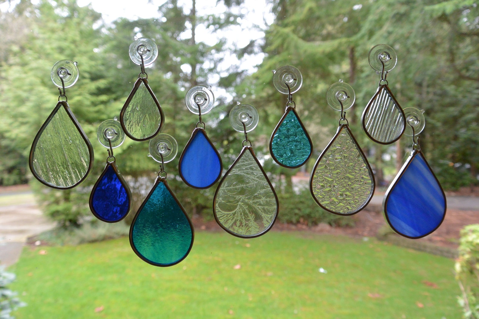 Stained Glass Raindrops Set of 10 in Assorted Blue & Clear - Etsy
