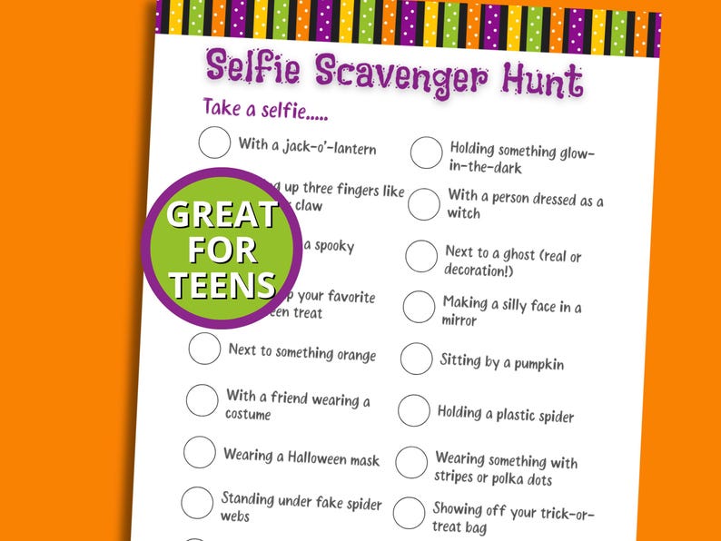 Teen Halloween Selfie Scavenger Hunt Game: Printable Party Activity ...