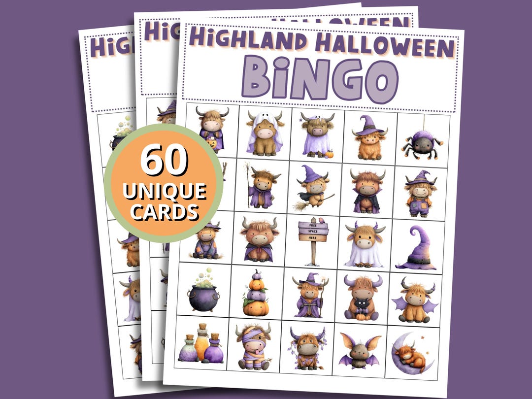 Highland Cow Halloween Bingo Game: 60 Unique Printable Cards - Etsy
