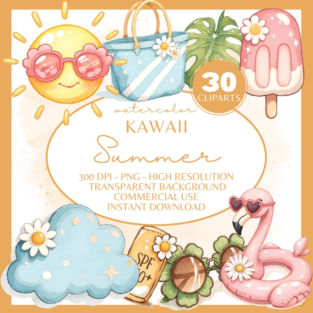 Kawaii Summer Clipart: Watercolor Beach Graphics, Pastel Stickers (pngs ...
