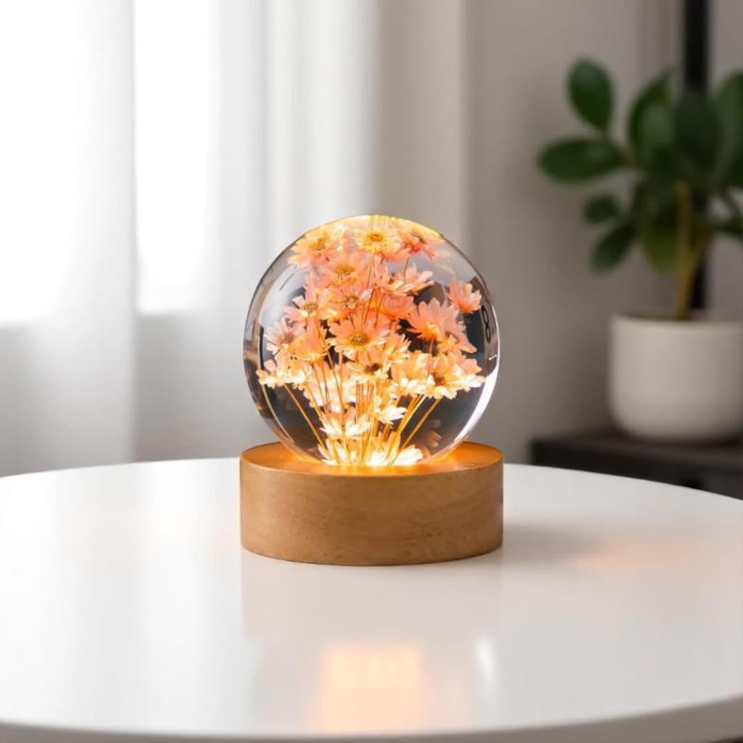 Flower Night Light Globe, Real Daisy Dandelion Lamp, Cute Bedroom Decor ...