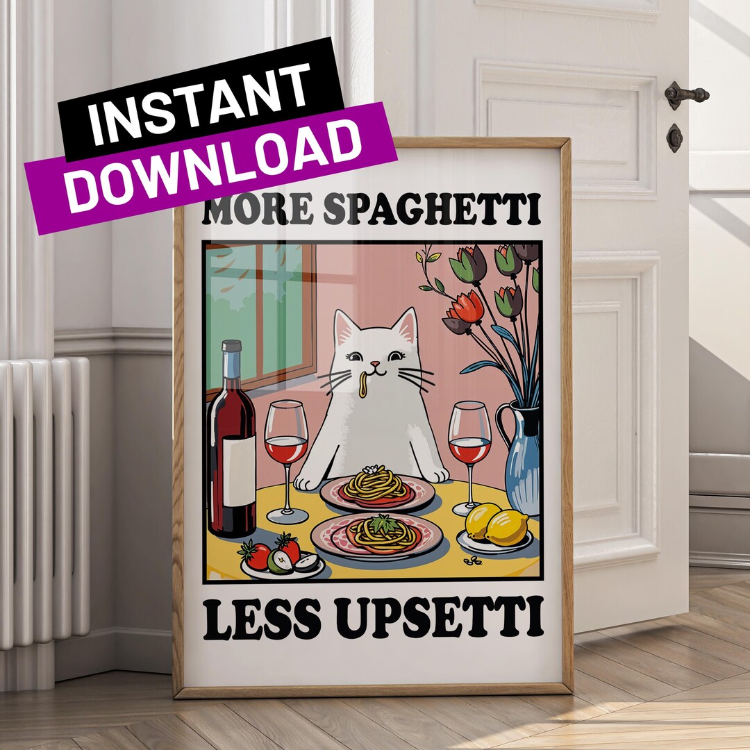 More Spaghetti Less Regretti Cat Print Funny Kitchen Poster Retro Diner ...