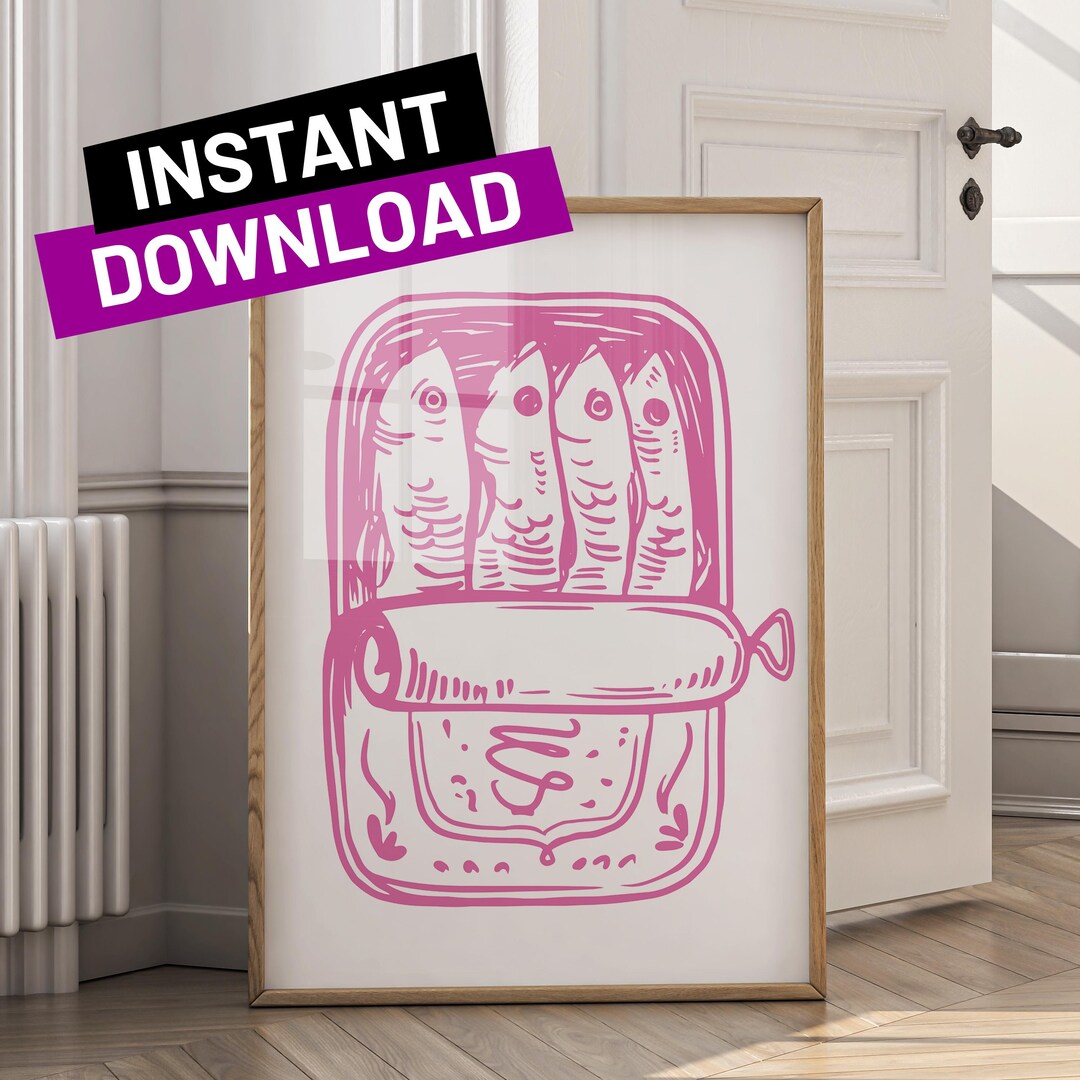 Pink Sardines Art Print | Retro Tin Fish Decor | Funky Kitchen Poster ...