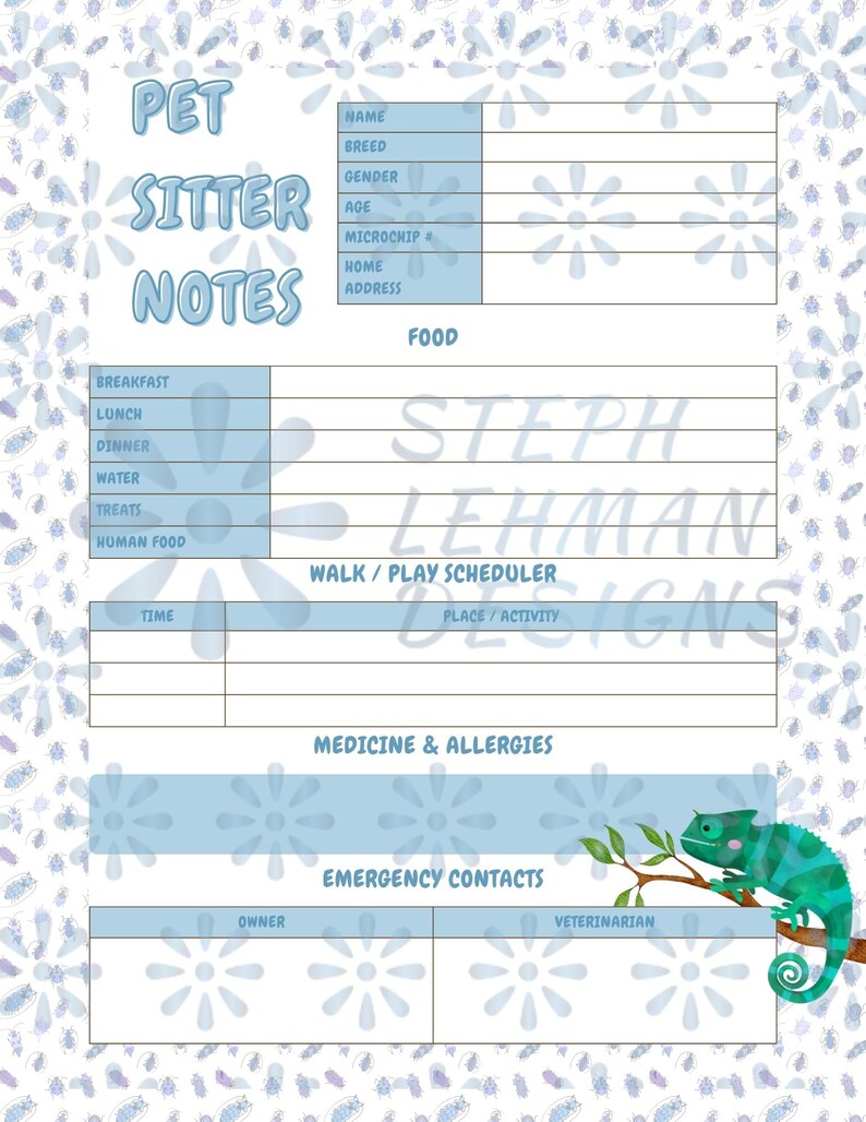 Printable Pet Sitter Info Sheets | 5 Designs | Instant Download - Etsy