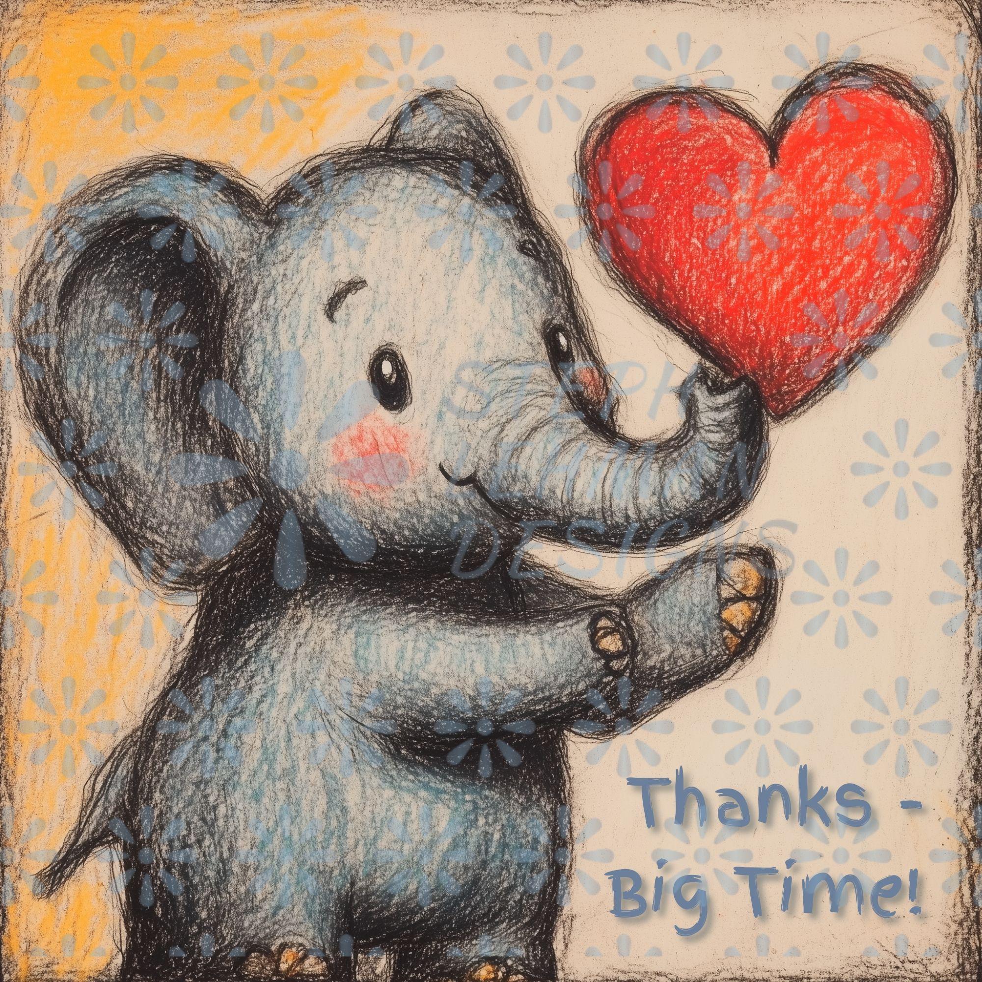 Printable Elephant Thank You Card | 5x5 PNG | Hand Drawn Elephant Art ...