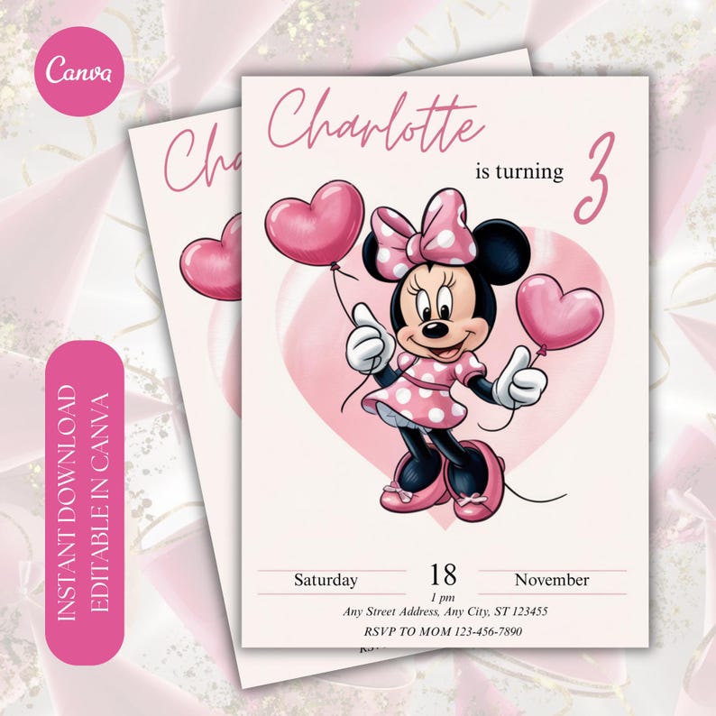 Editable Minnie Mouse Birthday Invitation, Minnie Mouse Birthday, 1st ...