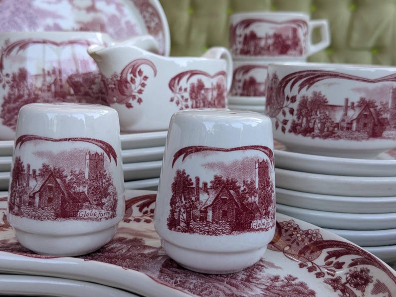 Vintage Grindley English Dinner Set: Constable Scene, Red Ironstone, 47 ...