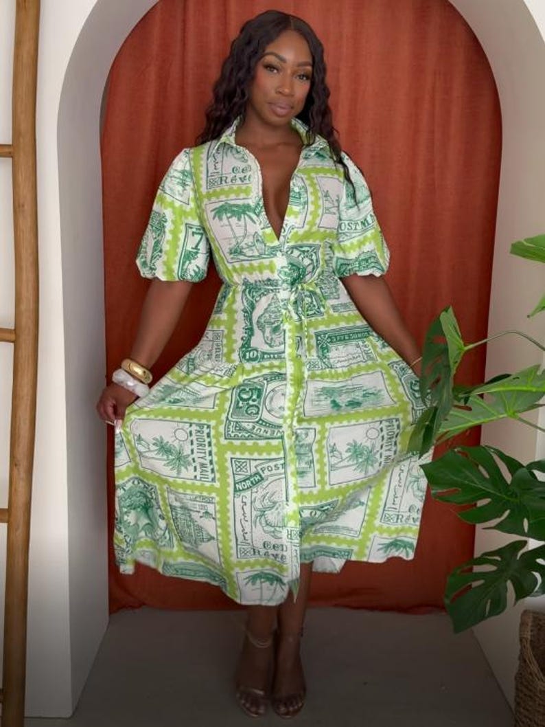 Tropical Stamp Print Resort Shirt Dress – Green Vacation Midi Dress ...