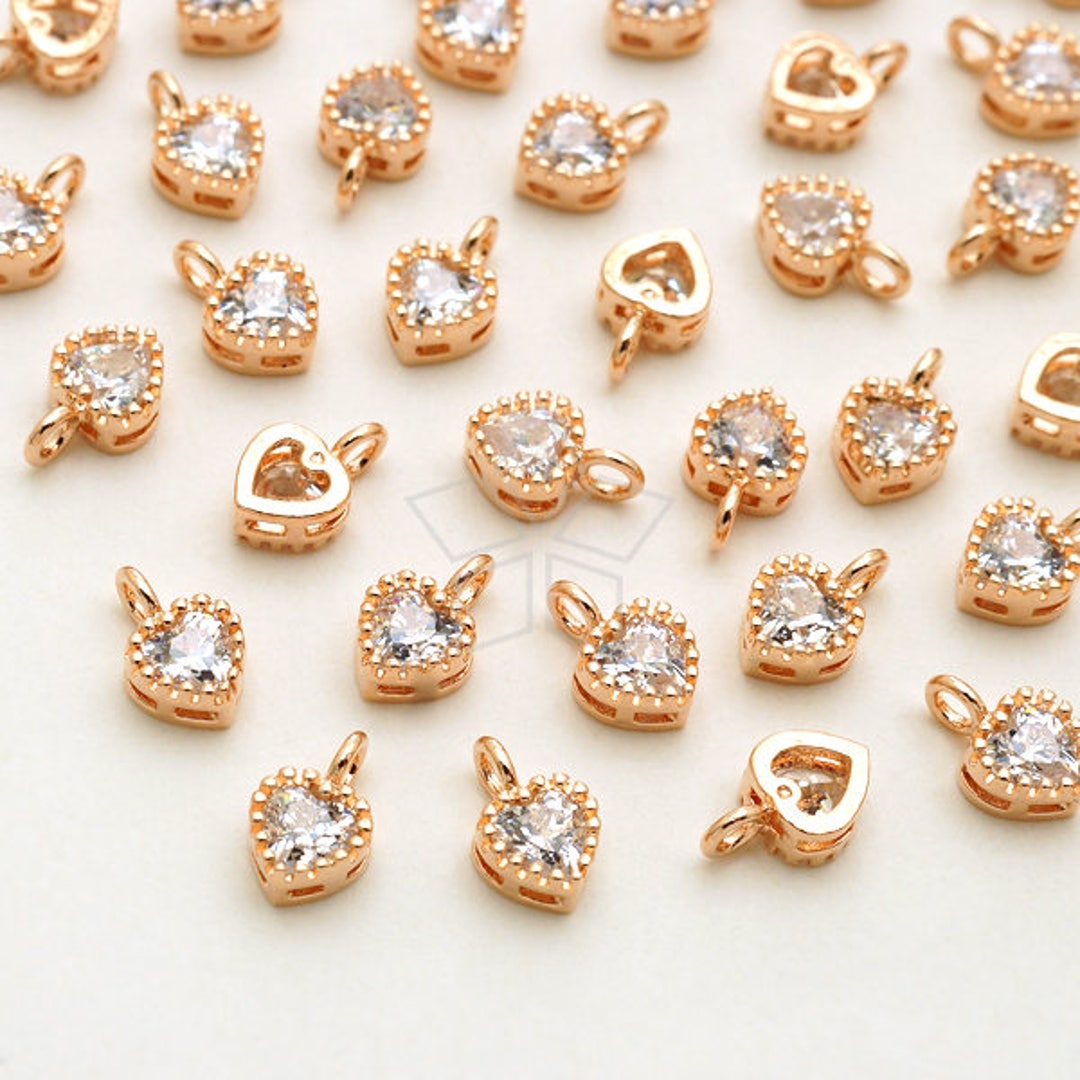 PD-2615-RG / 2 Pcs - Mini Dangling Heart Charms, Very Tiny CZ Heart ...