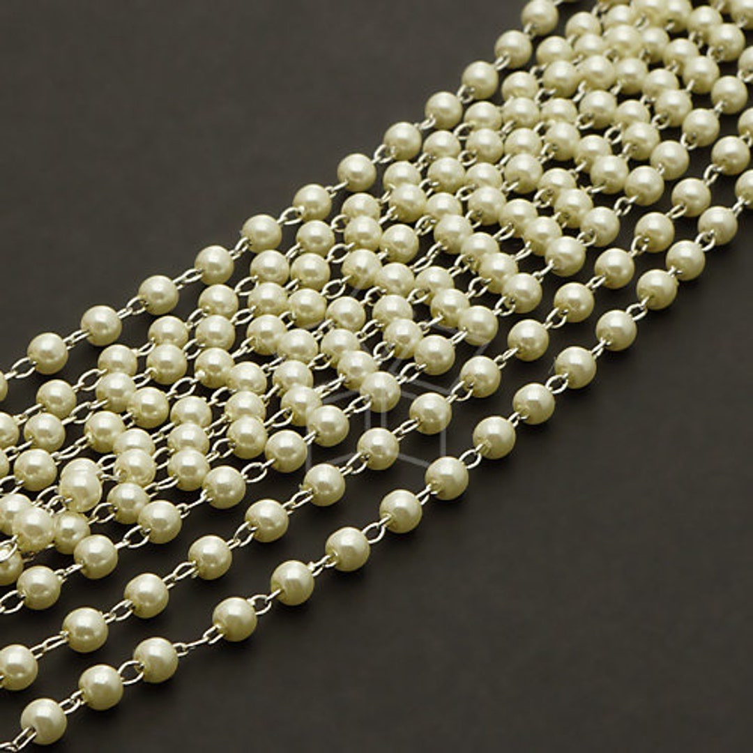 CH-098-OR / 100 Cm - Tiny 3mm Round Pearl Link Chain, Cream White Pearl ...