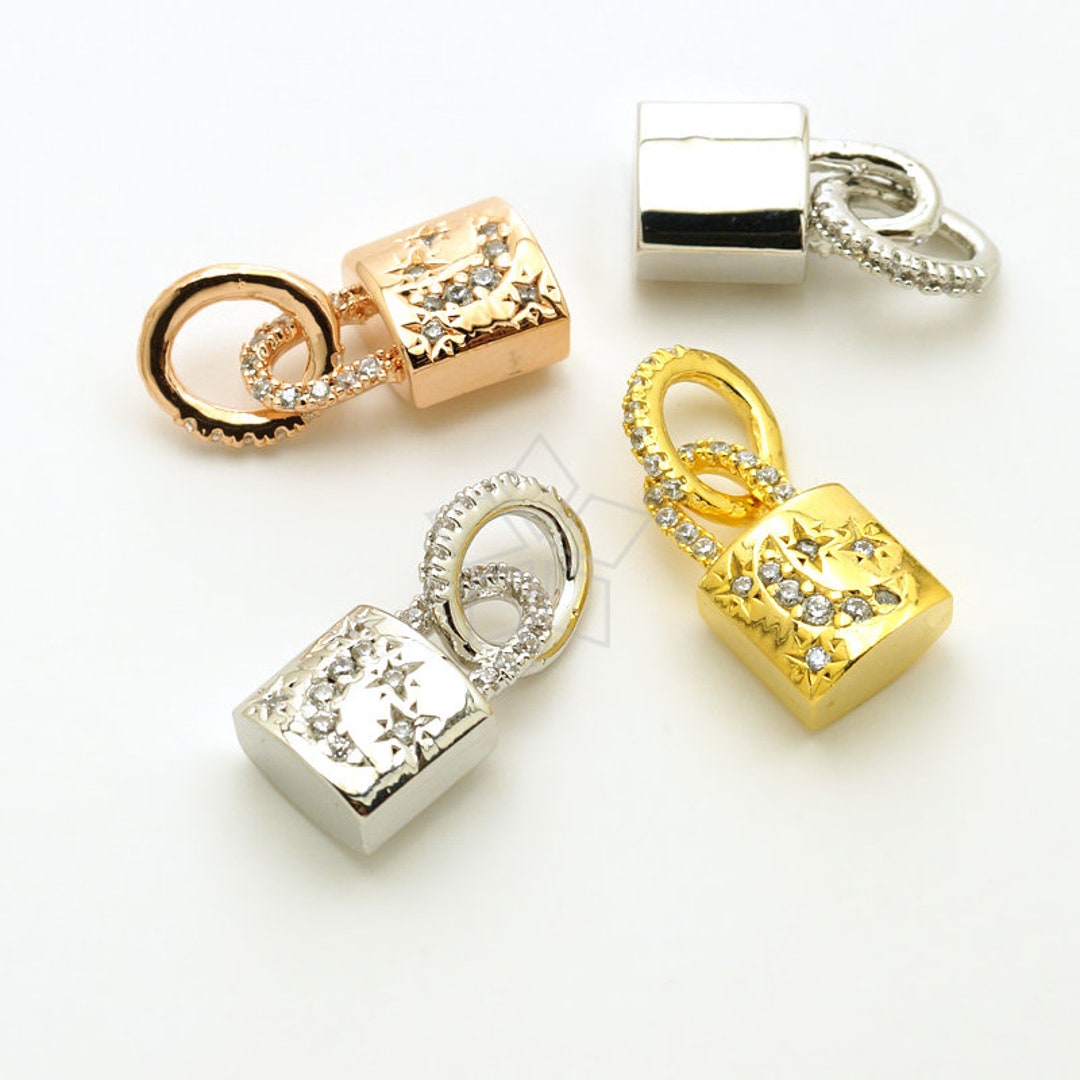 PD-3192-OP / 1 Pcs - Cubic Crescent & Stars Lock Charms With Bail, CZ ...