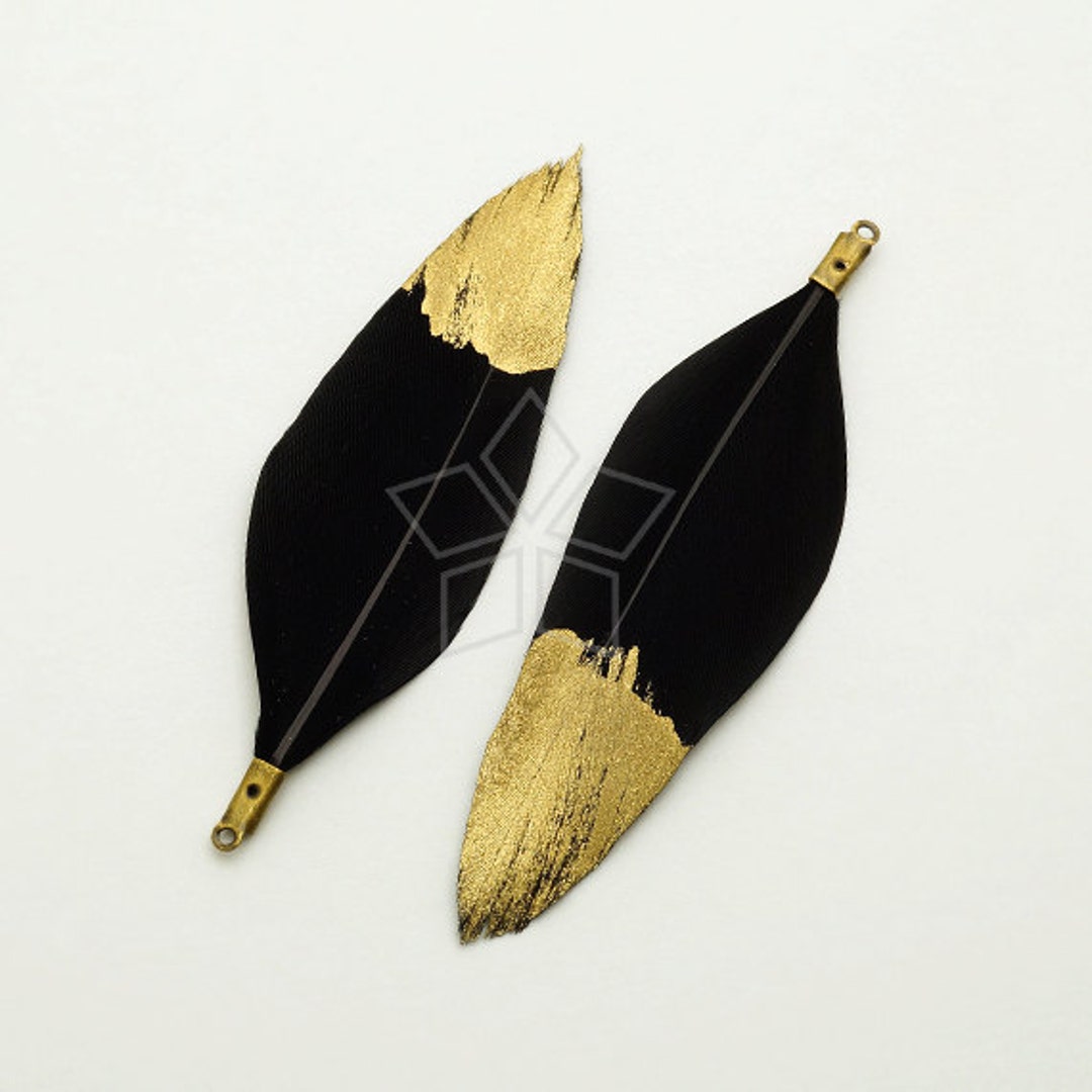 FT-045-BK / 2 Pcs - Duck Feather Pendant, Handmade Black Dyed Feather ...