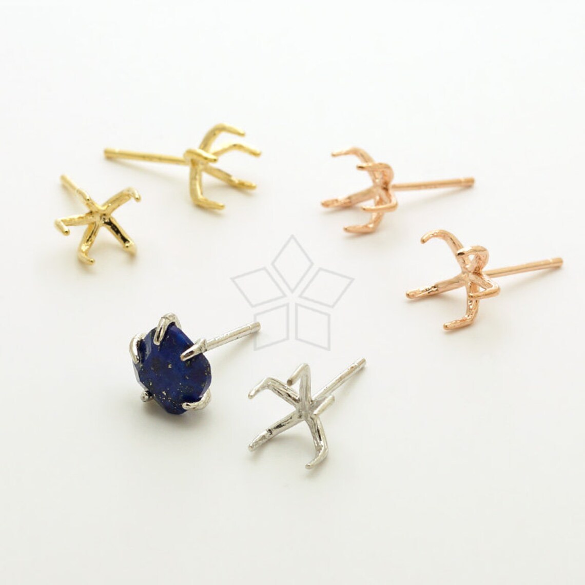 SI-1070-OP / 2 Pcs - Claws Prong Set Ear Posts, Twig Textured 5 Prong ...
