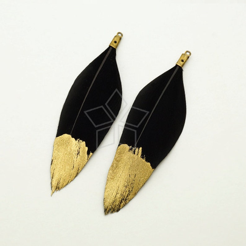 FT-045-BK / 2 Pcs - Duck Feather Pendant, Handmade Black Dyed Feather ...