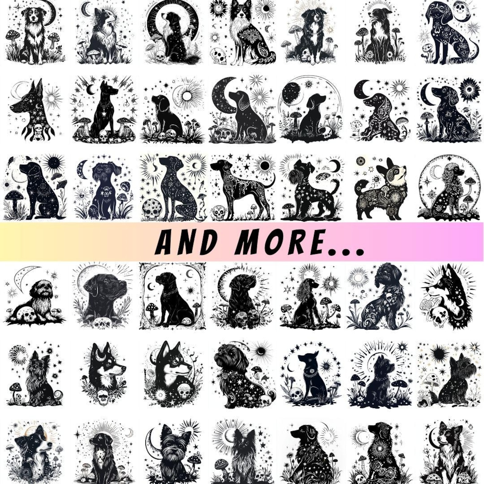 Celestial Boho Dog Silhouette Bundle | 128 Breeds Clipart | Moon Star ...