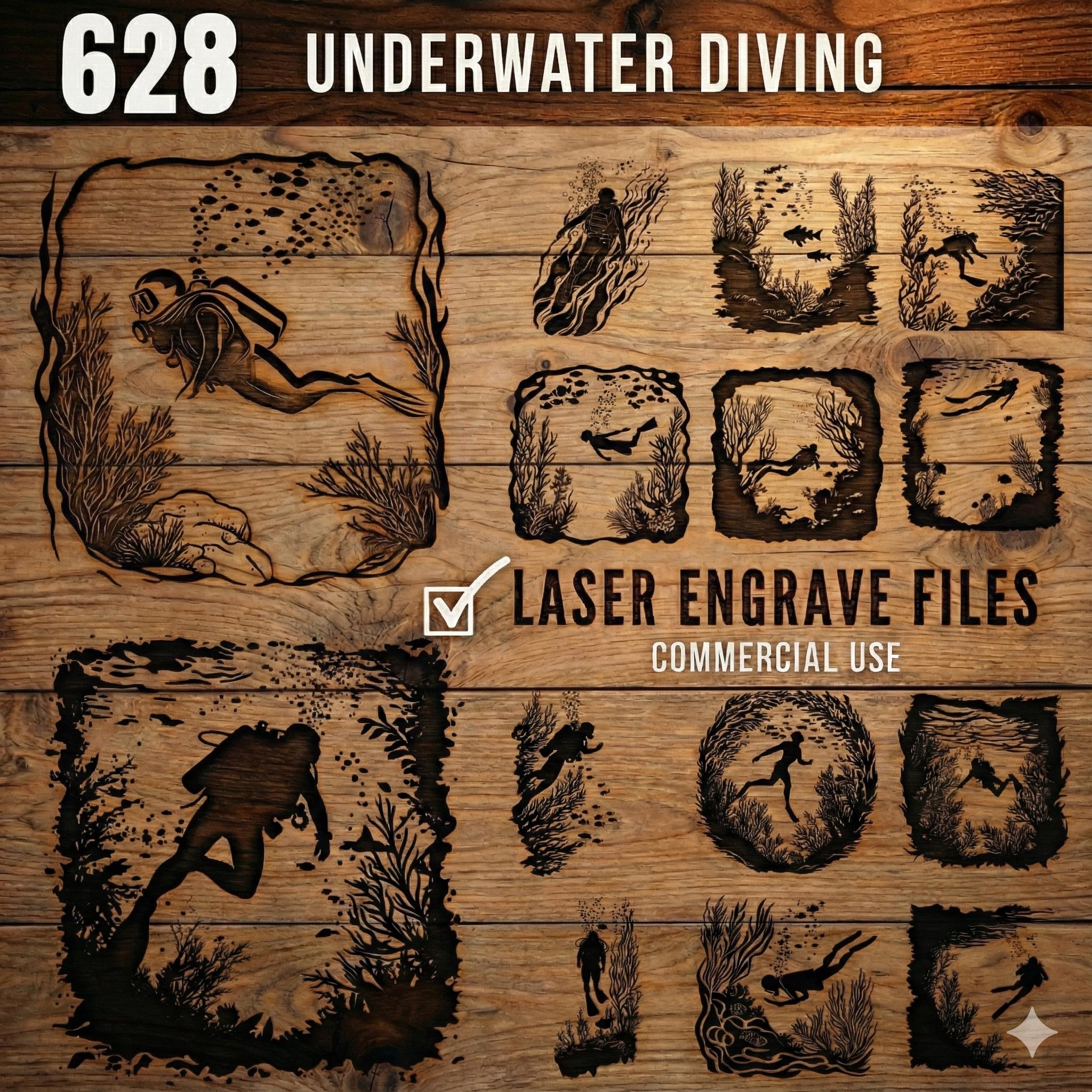 Scuba Diver Laser Engraving Bundle | Ocean Diving Silhouette ...