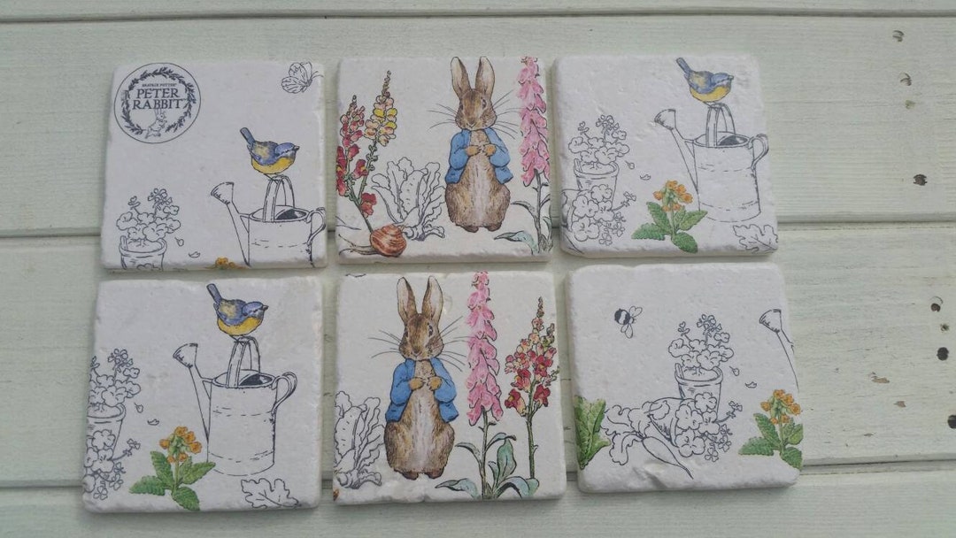 Whimsical Peter Rabbit Stone Coaster Set of 6 Tea Coffee Beer Coasters ...