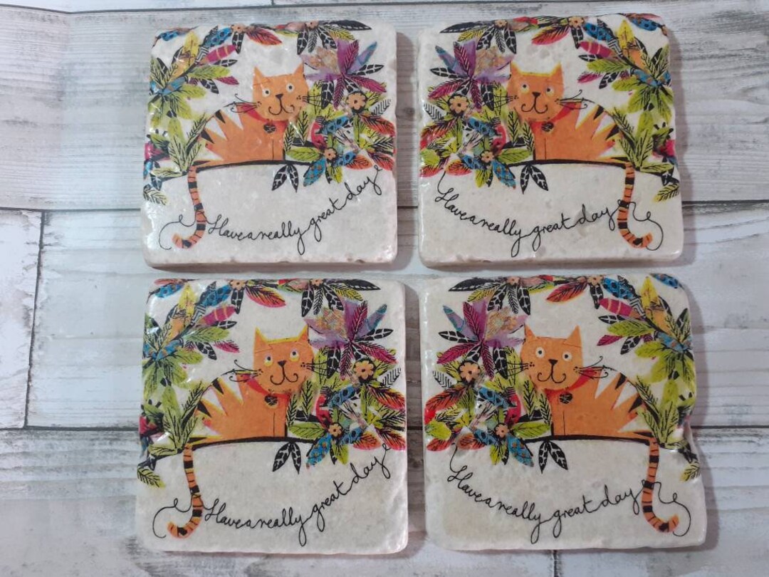 Ginger Cat Set of 4 Natural Stone Coasters - Etsy Israel
