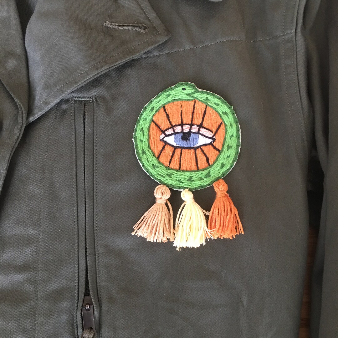 Hand-embroidered Round Patch With Tassels - Evil Eye and Green Snake ...