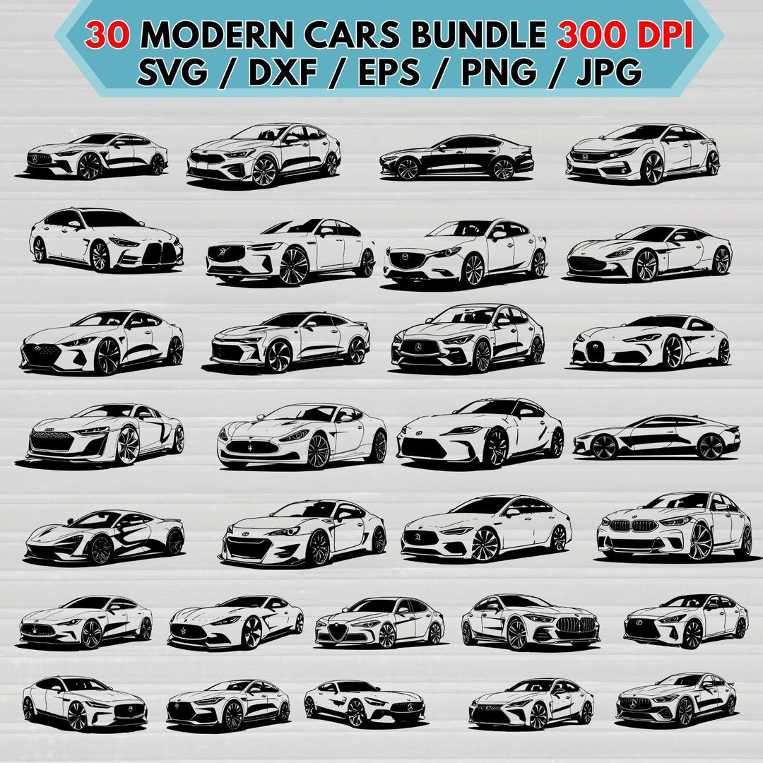 30 Modern Sports Car SVG DXF Png EPS Bundle, 120 Cars Vector Clipart ...