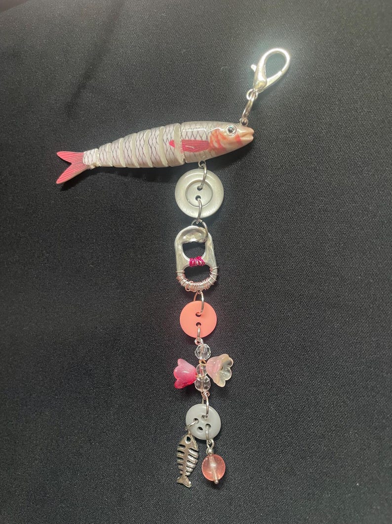 Crafty Fish Keychain Gray Pink Button - Etsy