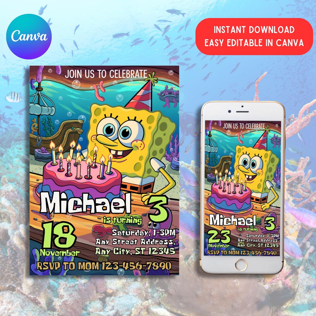 Editable Spongebob Birthday Invitation, Digital Spongebob Party Invite ...