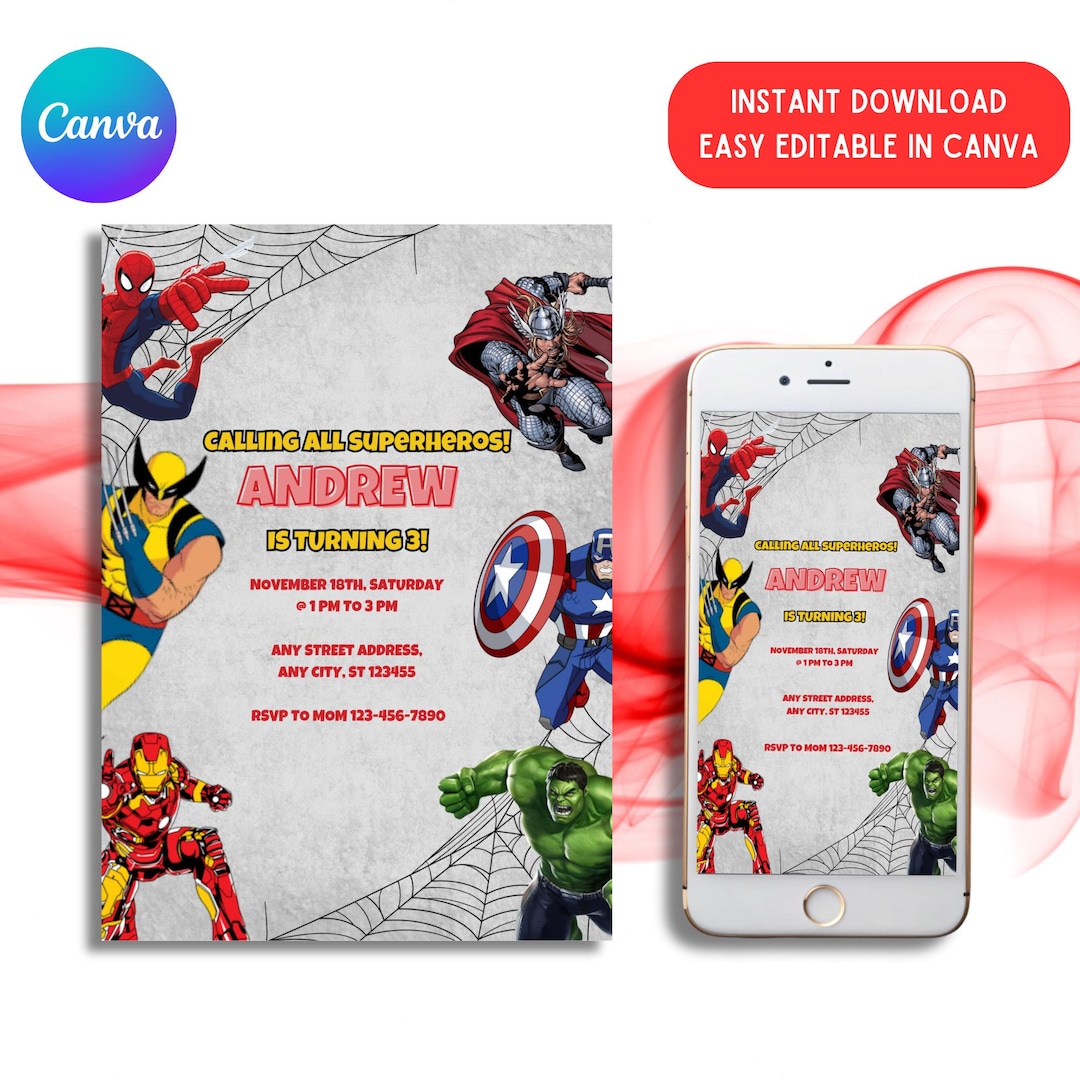 Editable Superheroes Birthday Invitation Template, Printable Birthday ...