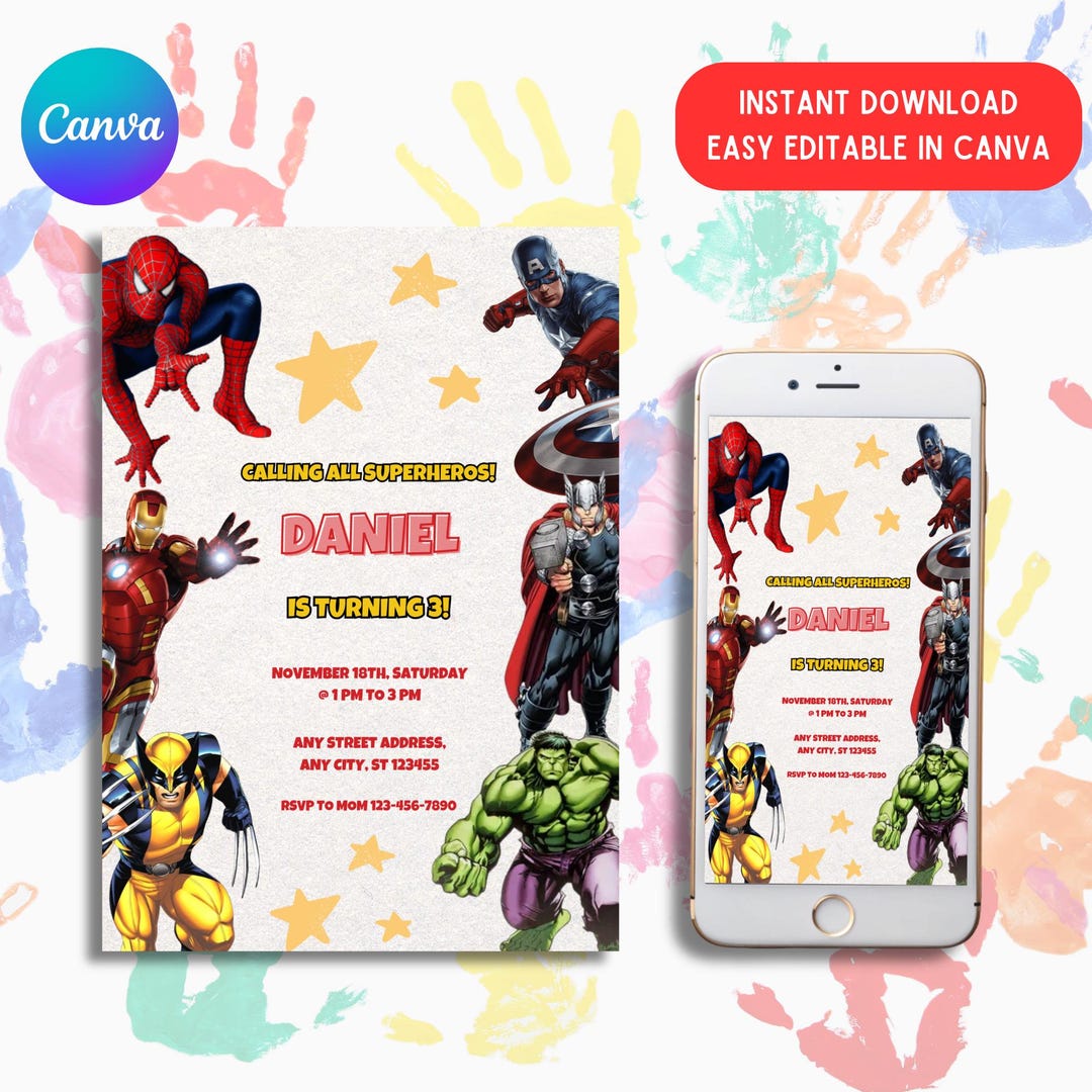Editable Superheroes Birthday Invitation, Superhero Birthday Invite ...