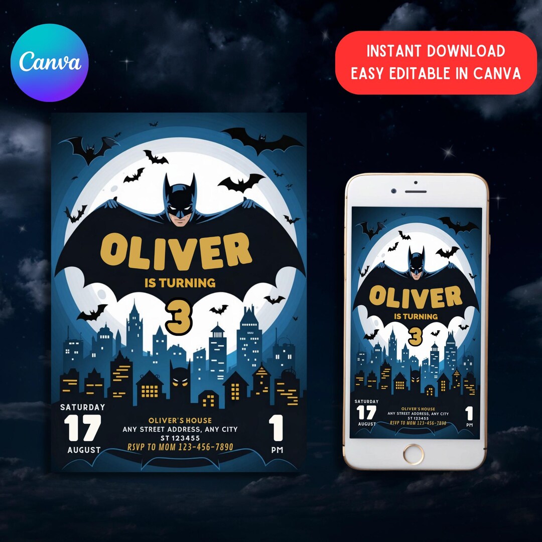 Editable Superhero Invitation Template, Bat Guy Party Invite, Printable ...