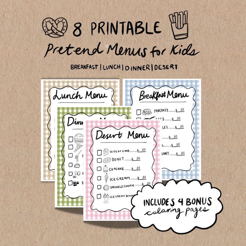 Printable PDF Pretend Play Menus for Kids – 8 Pack | Lunch, Dinner ...