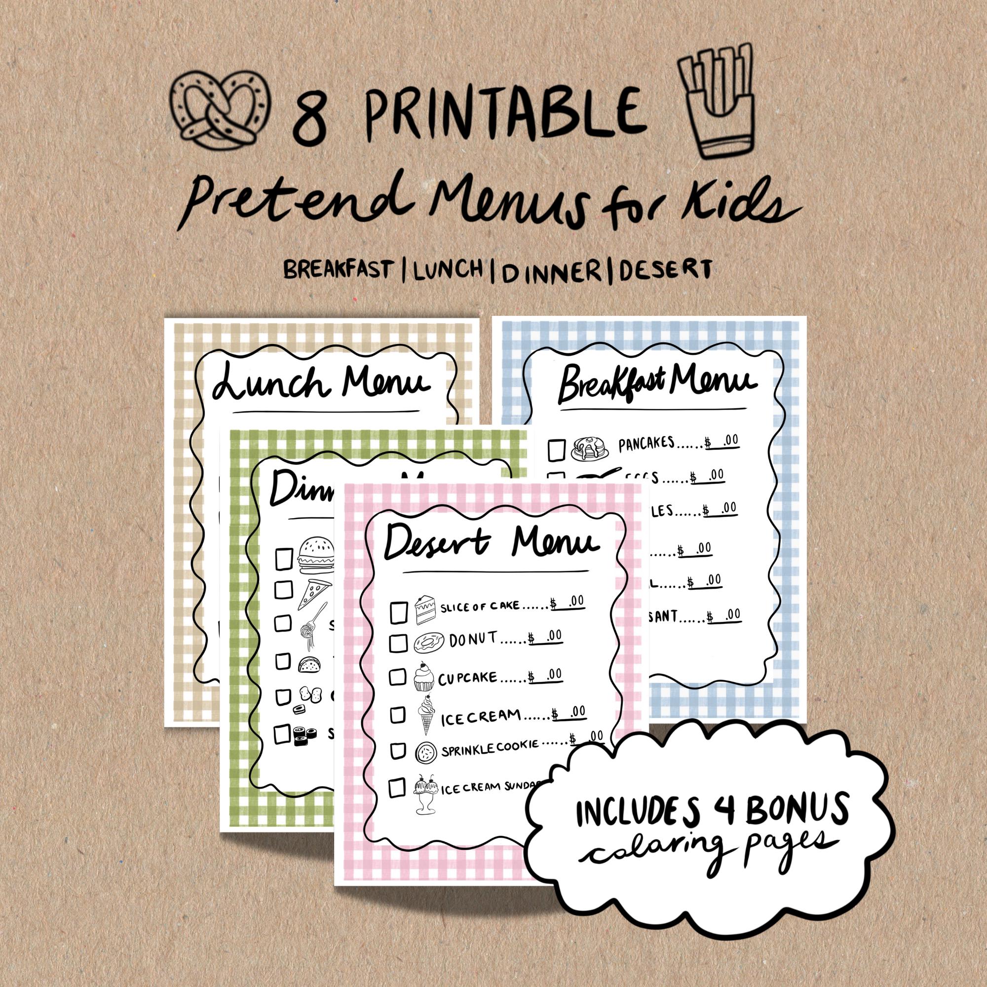 Printable PDF Pretend Play Menus for Kids – 8 Pack | Lunch, Dinner ...