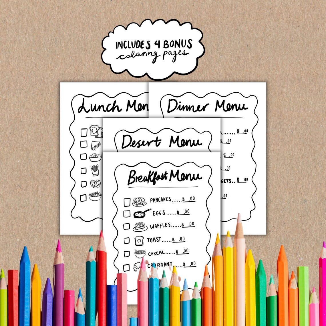 Printable PDF Pretend Play Menus for Kids – 8 Pack | Lunch, Dinner ...