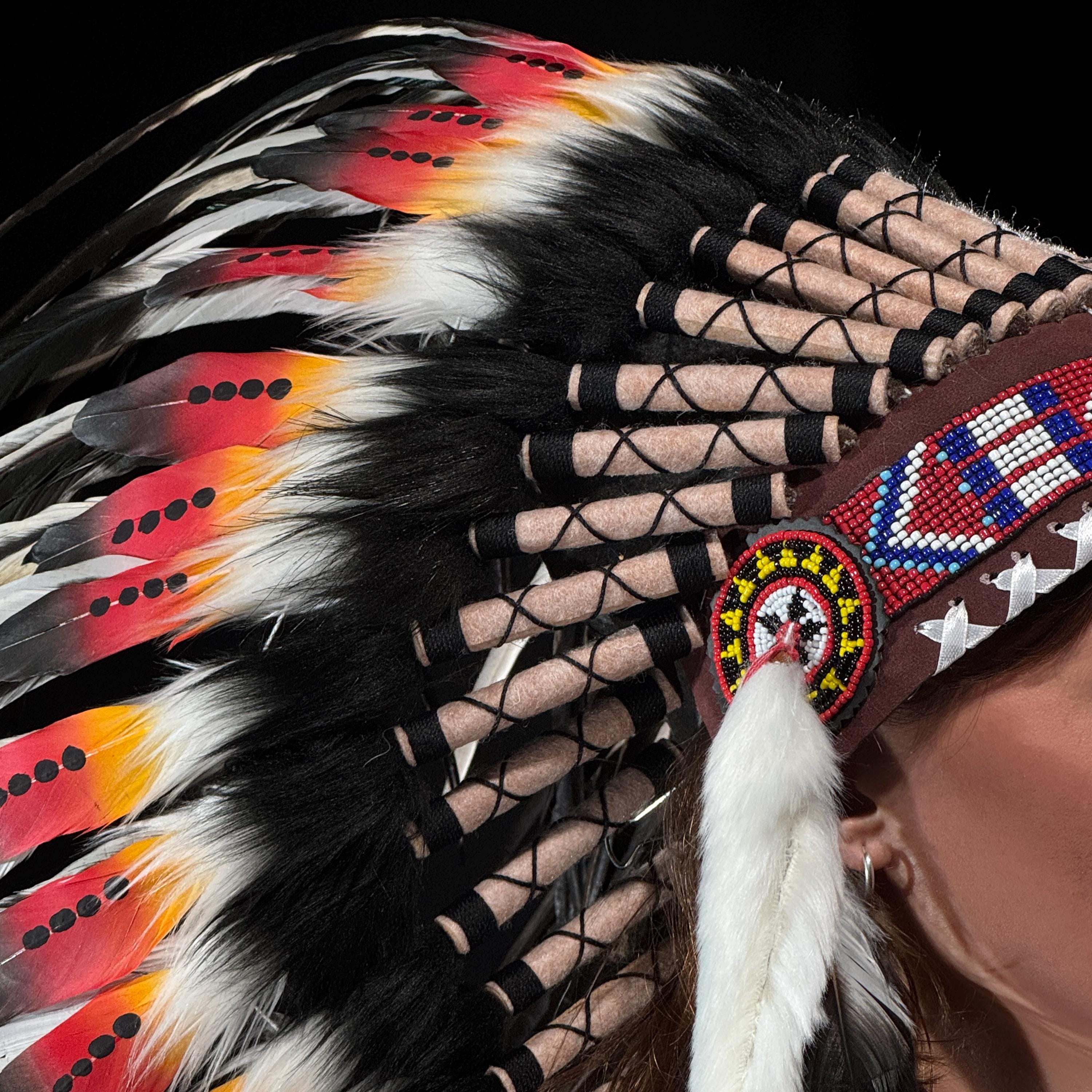 Black Red Native American Headdress: Medium Length Warbonnet (stand ...