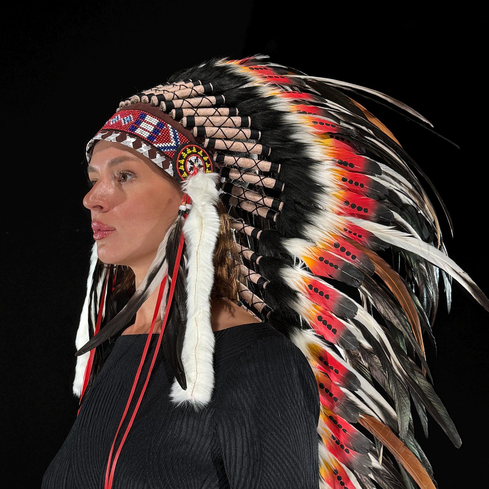 Black Red Native American Headdress: Medium Length Warbonnet (stand ...