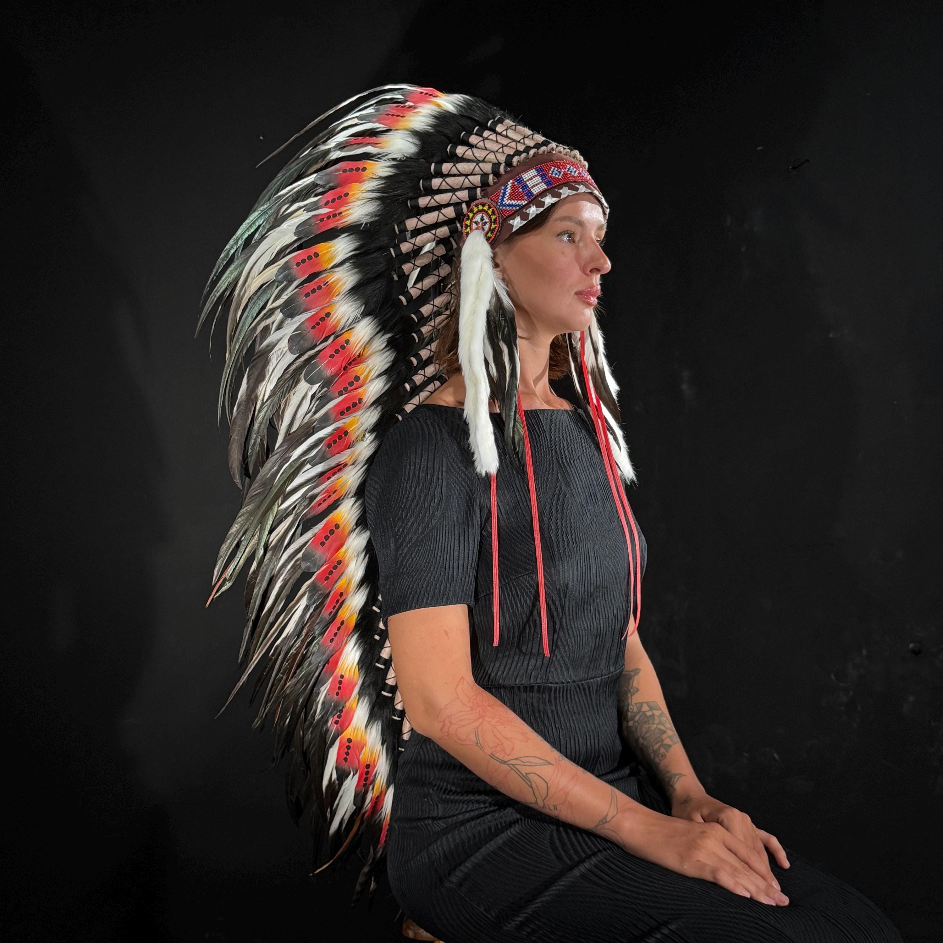Black Red Native American Headdress: Medium Length Warbonnet (stand ...