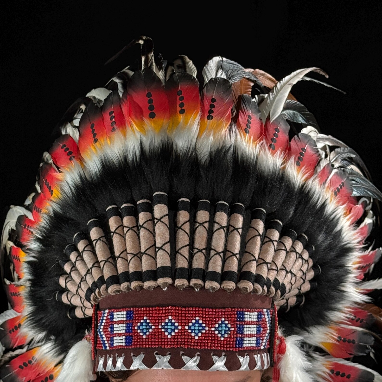 Black Red Native American Headdress: Medium Length Warbonnet (stand ...