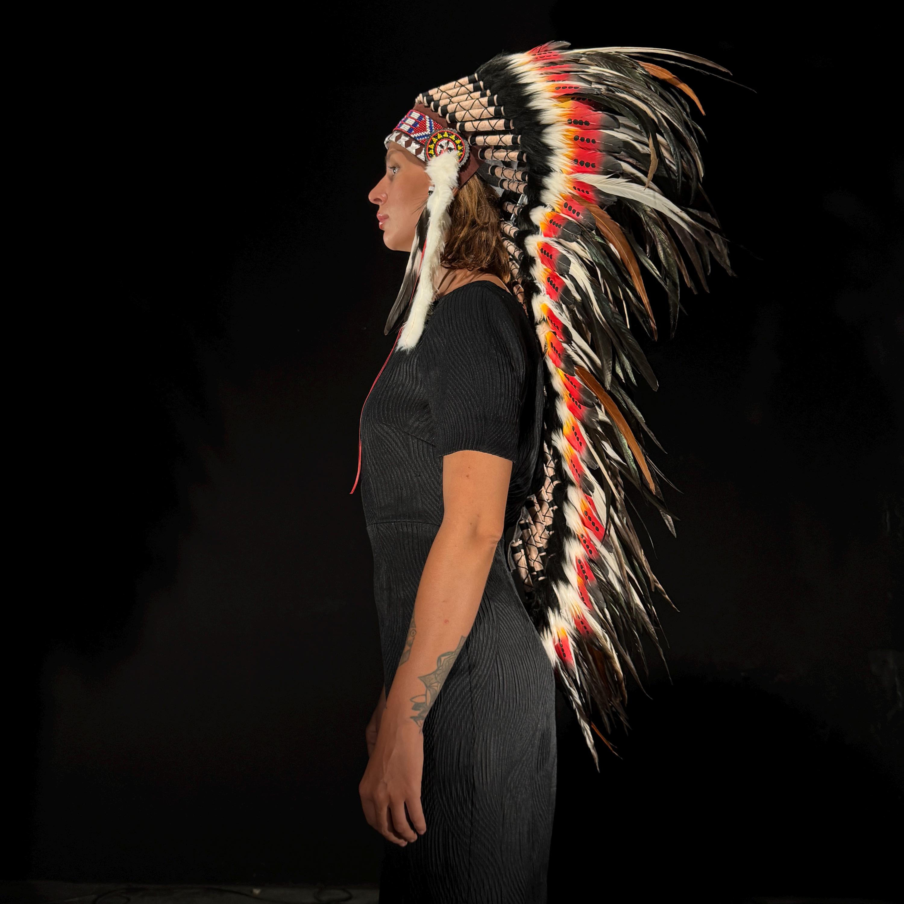 Black Red Native American Headdress: Medium Length Warbonnet (stand ...