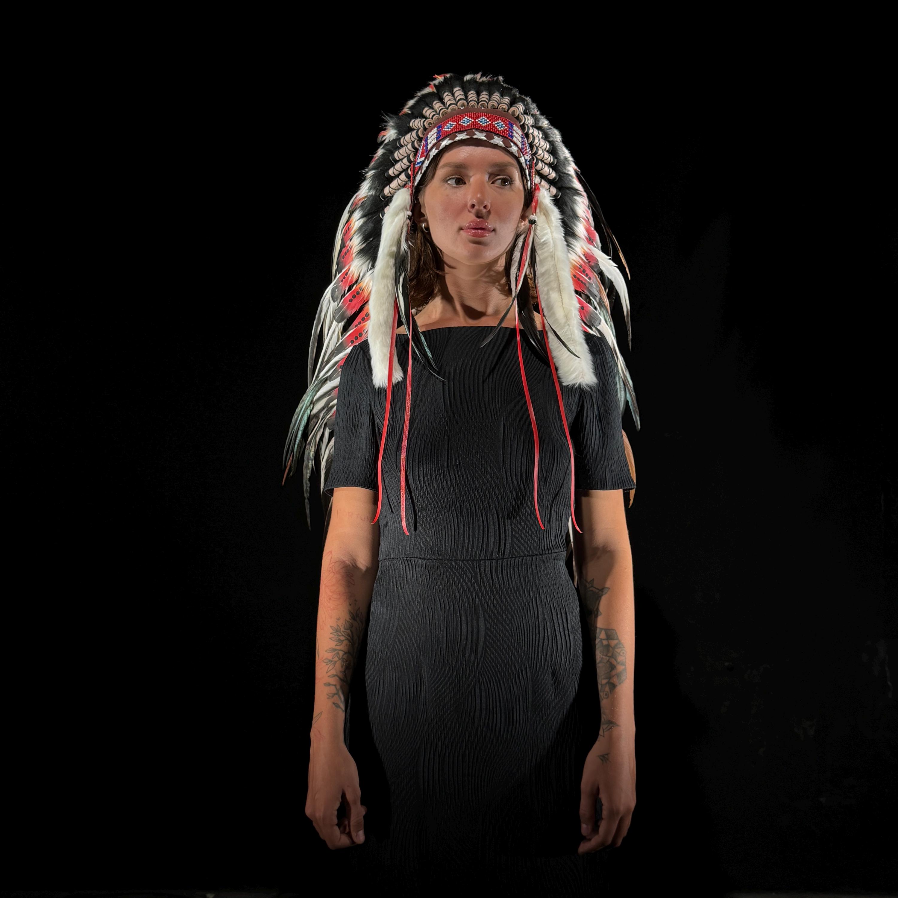 Black Red Native American Headdress: Medium Length Warbonnet (stand ...