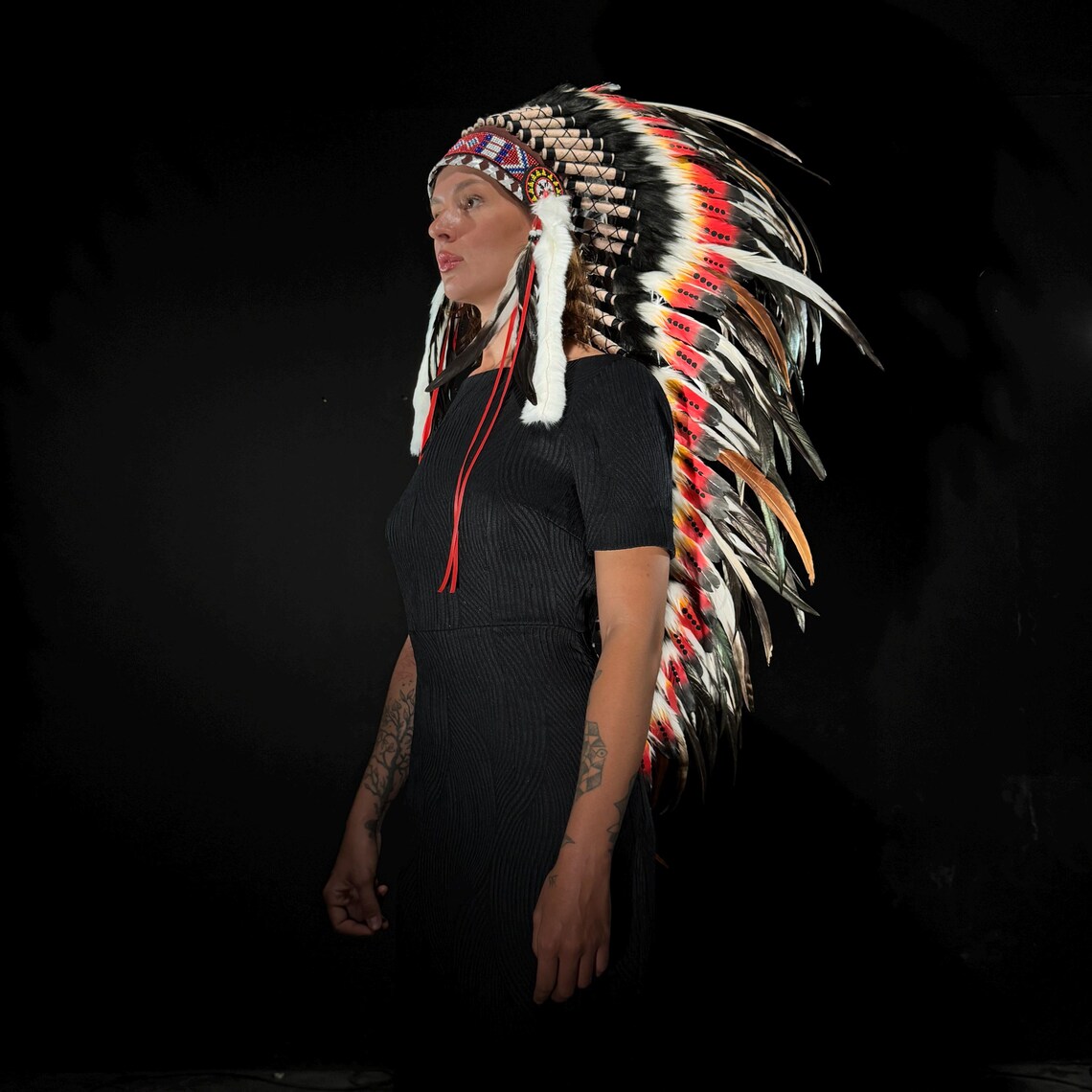 Black Red Native American Headdress: Medium Length Warbonnet (stand ...