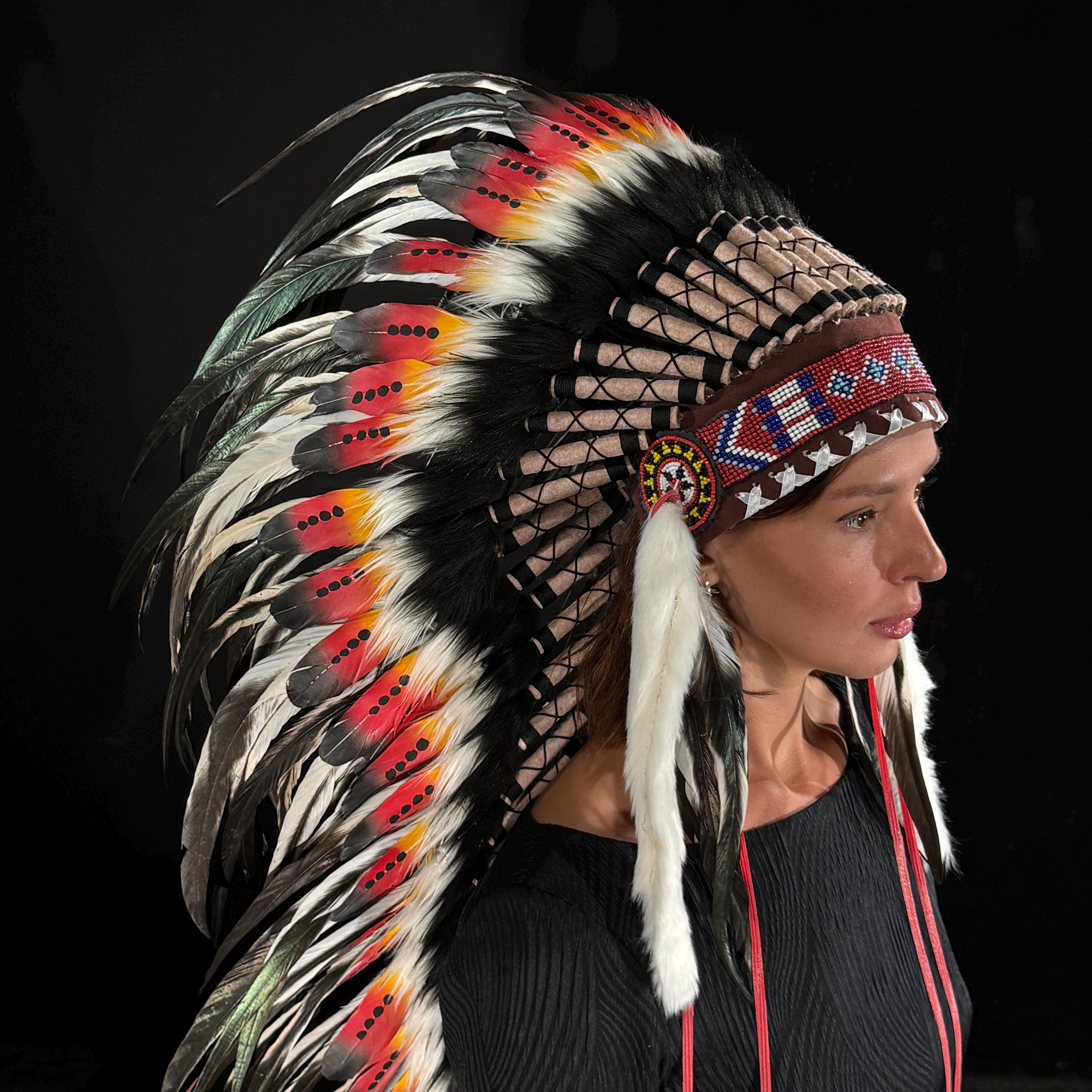 Black Red Native American Headdress: Medium Length Warbonnet (stand ...