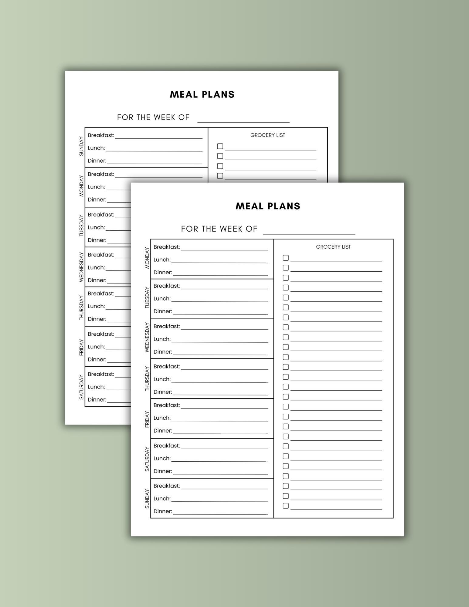 Printable Weekly Meal Planner With Grocery List | 6 Designs | Sunday ...
