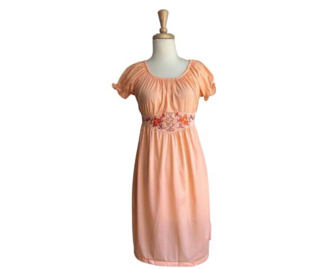 Vintage 60s Peach Nylon Nightgown - Short Length Negligee - Empire ...