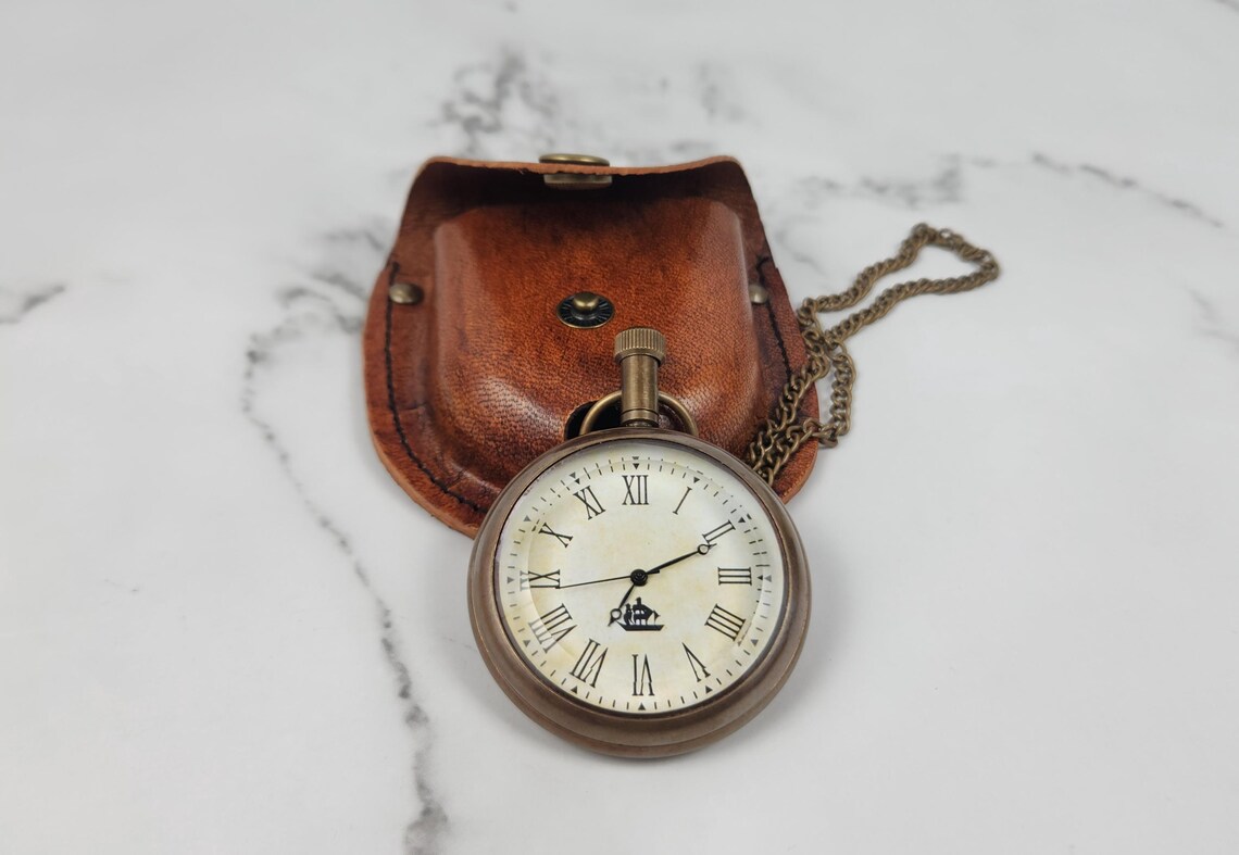 Personalized Solid Brass Pocket Watch, Nautical Ship Dial, Leather ...