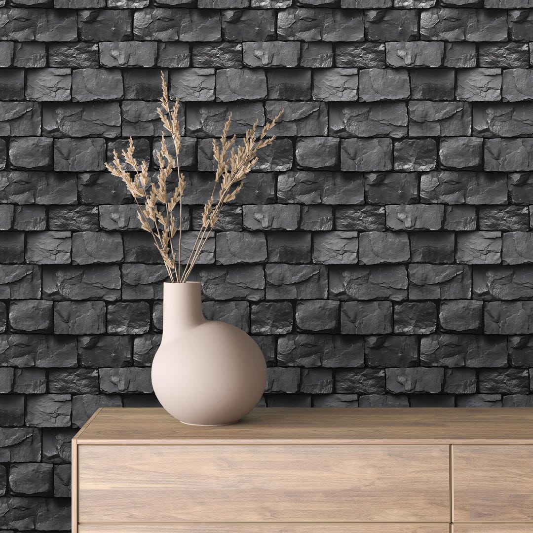 Dark Stone Wallpaper – Charcoal Brick Peel and Stick Mural, Removable ...