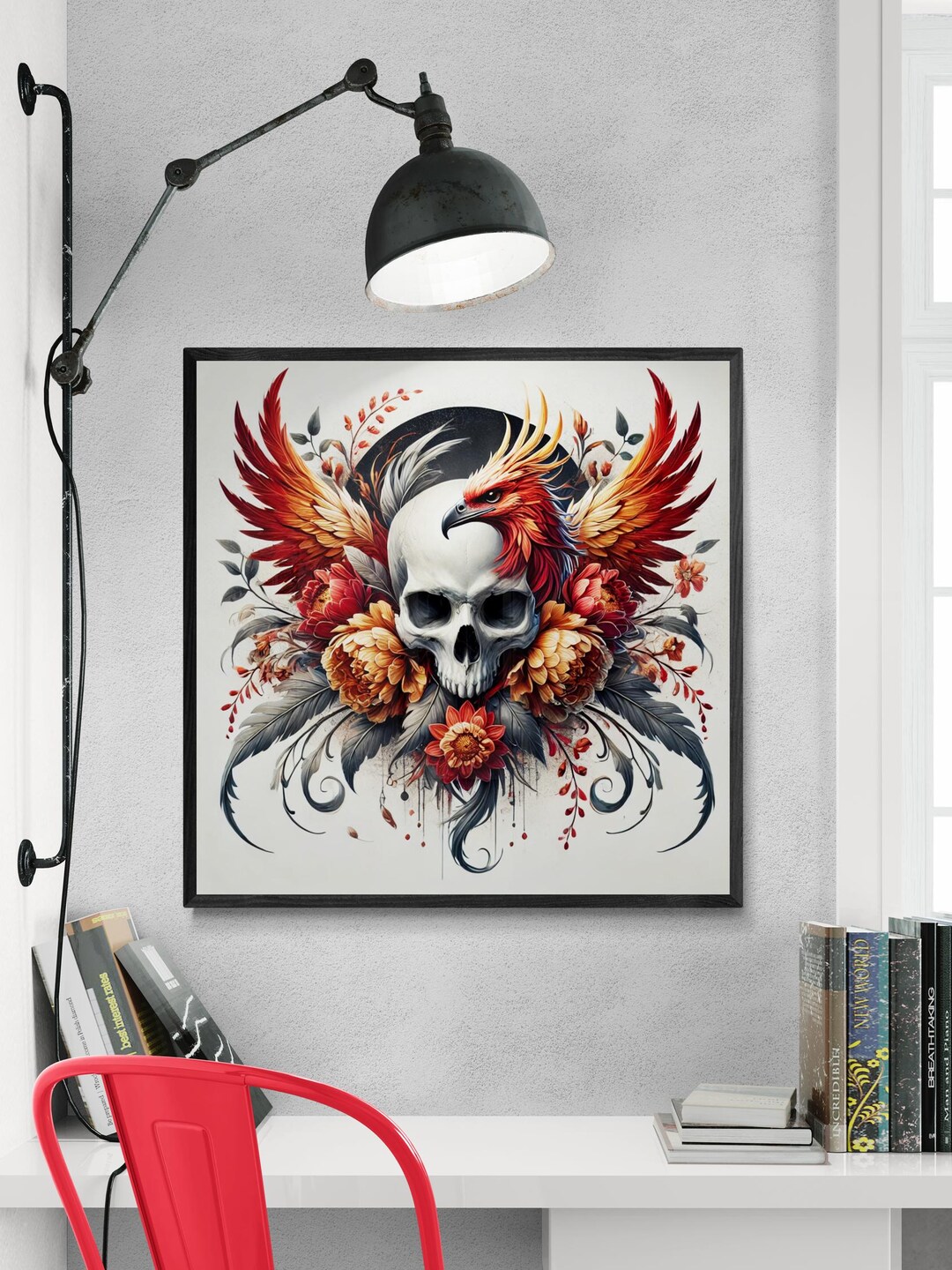 Fiery Phoenix and Skull Watercolor – Fantasy Art Print for Dark Gothic ...