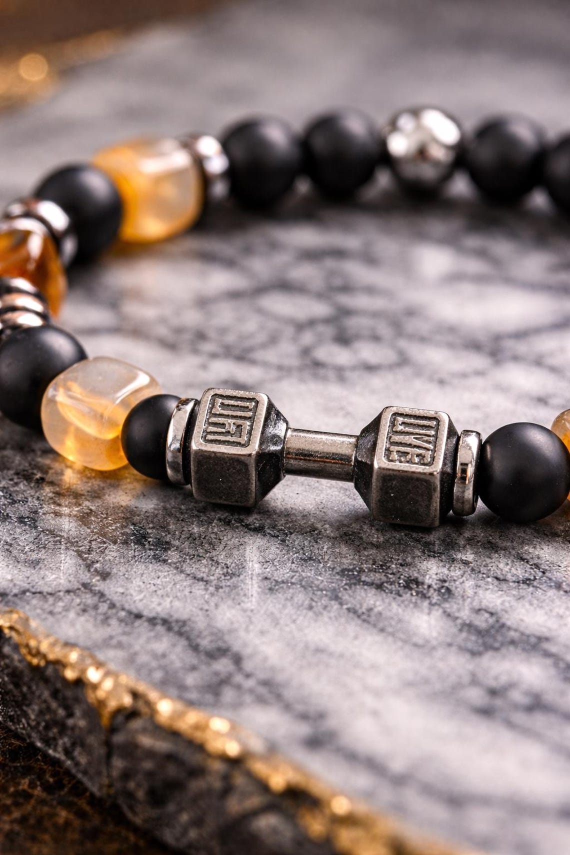 Black Onyx and Hematite Barbell Bracelet – Square Onyx Beaded Bracelet ...