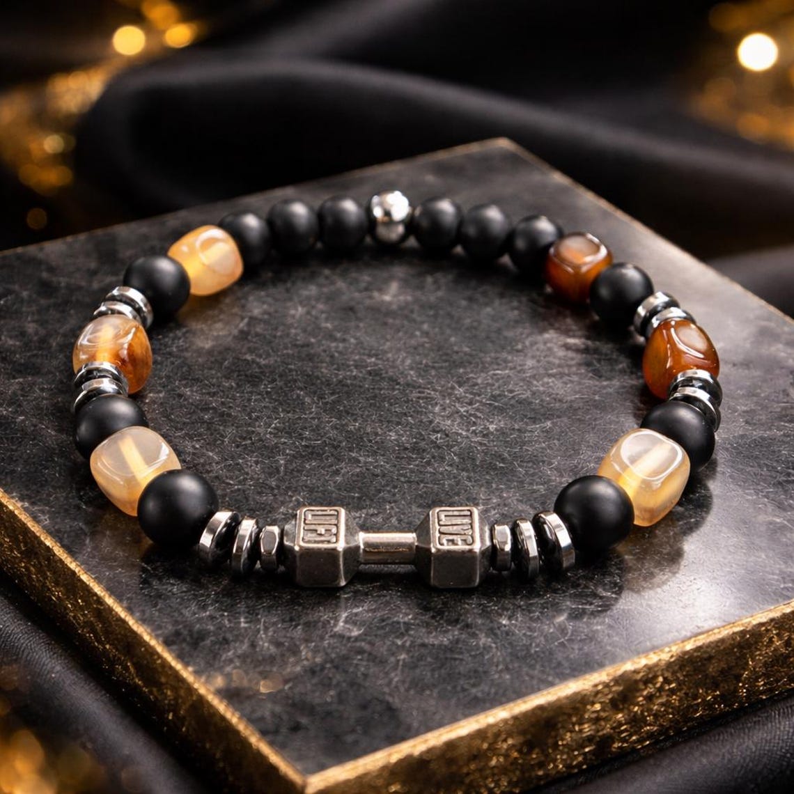 Black Onyx and Hematite Barbell Bracelet – Square Onyx Beaded Bracelet ...