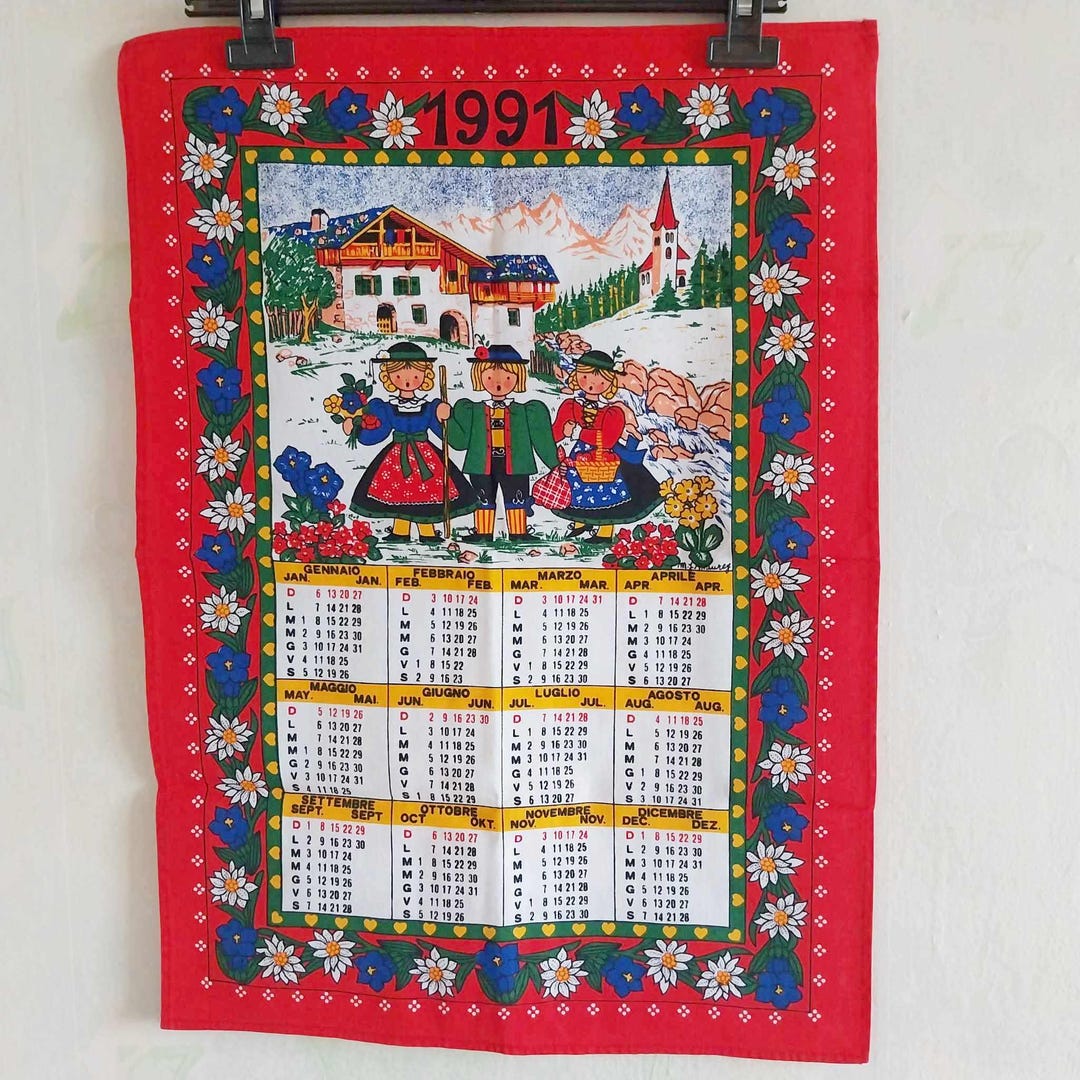 Vintage Authentic 1991 Calendar Tea Cloth Towel, Italian Calendar Tea ...