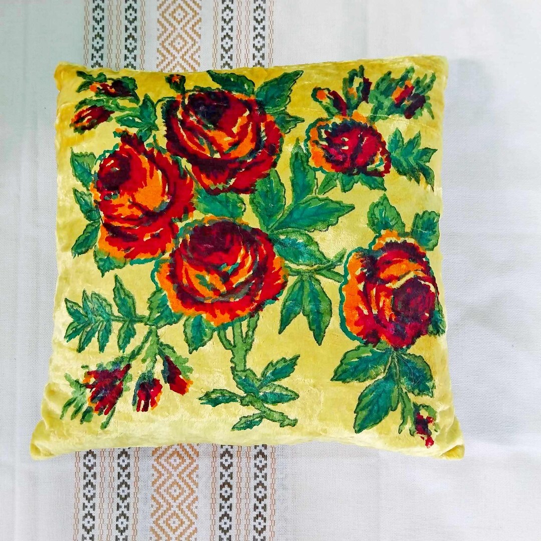 1980s Soviet Plush Pillow, Vintage Rustic Floral Cushion, USSR Velvet ...