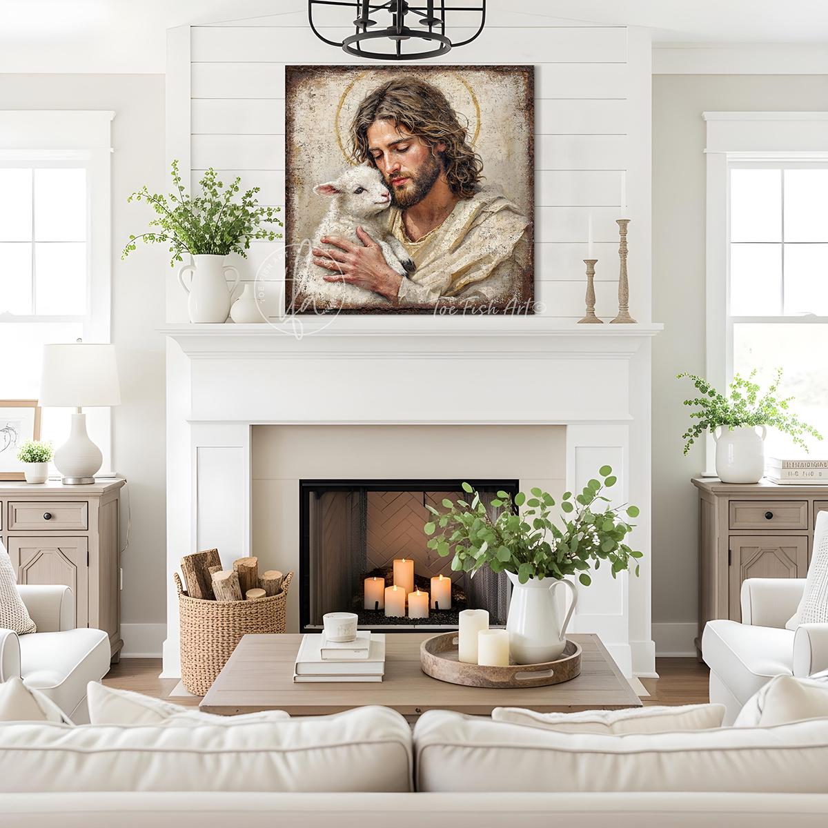 Vintage Jesus Holding Lamb Sign – Christian Wall Art, the Good Shepherd ...